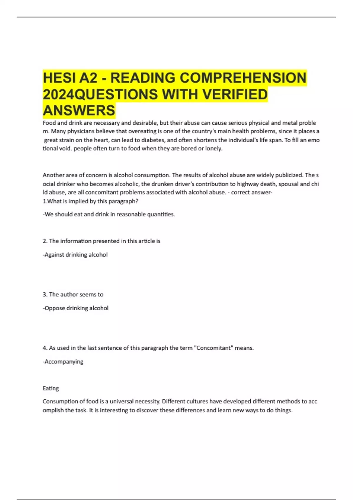 HESI A2 - READING COMPREHENSION 2024QUESTIONS WITH VERIFIED ANSWERS ...