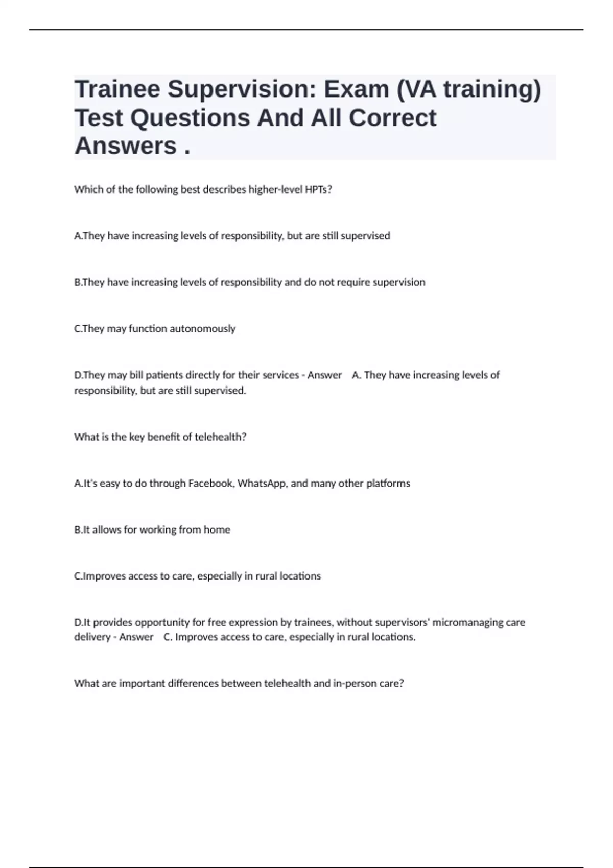 Trainee Supervision: Exam (VA training) Test Questions And All Correct ...