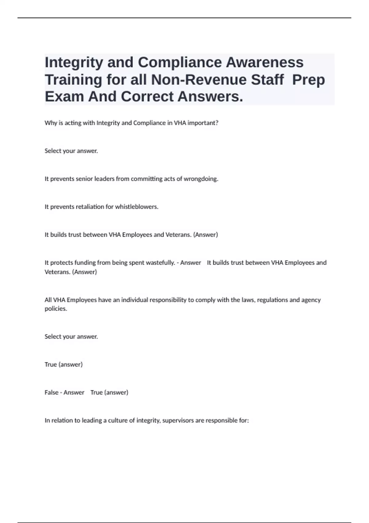 Integrity and Compliance Awareness Training for all Non-Revenue Staff ...