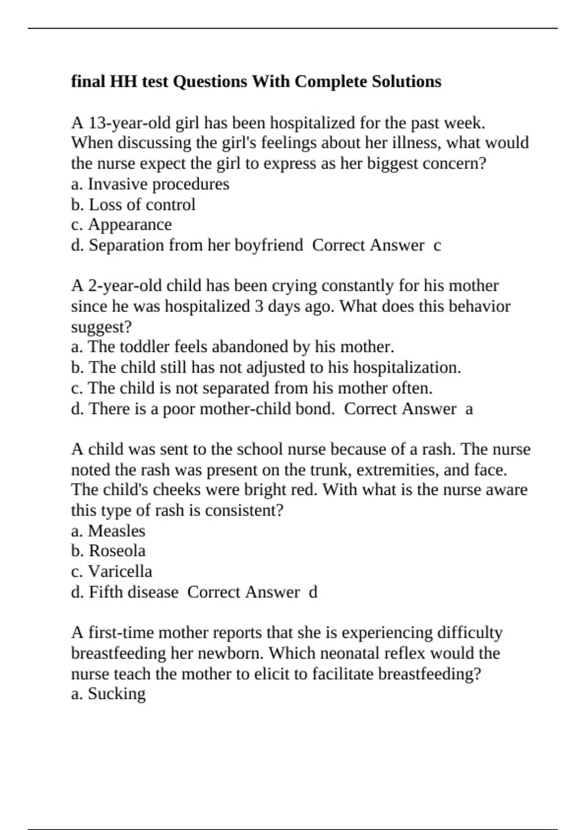 final HH test Questions With Complete Solutions - H&H - Stuvia US