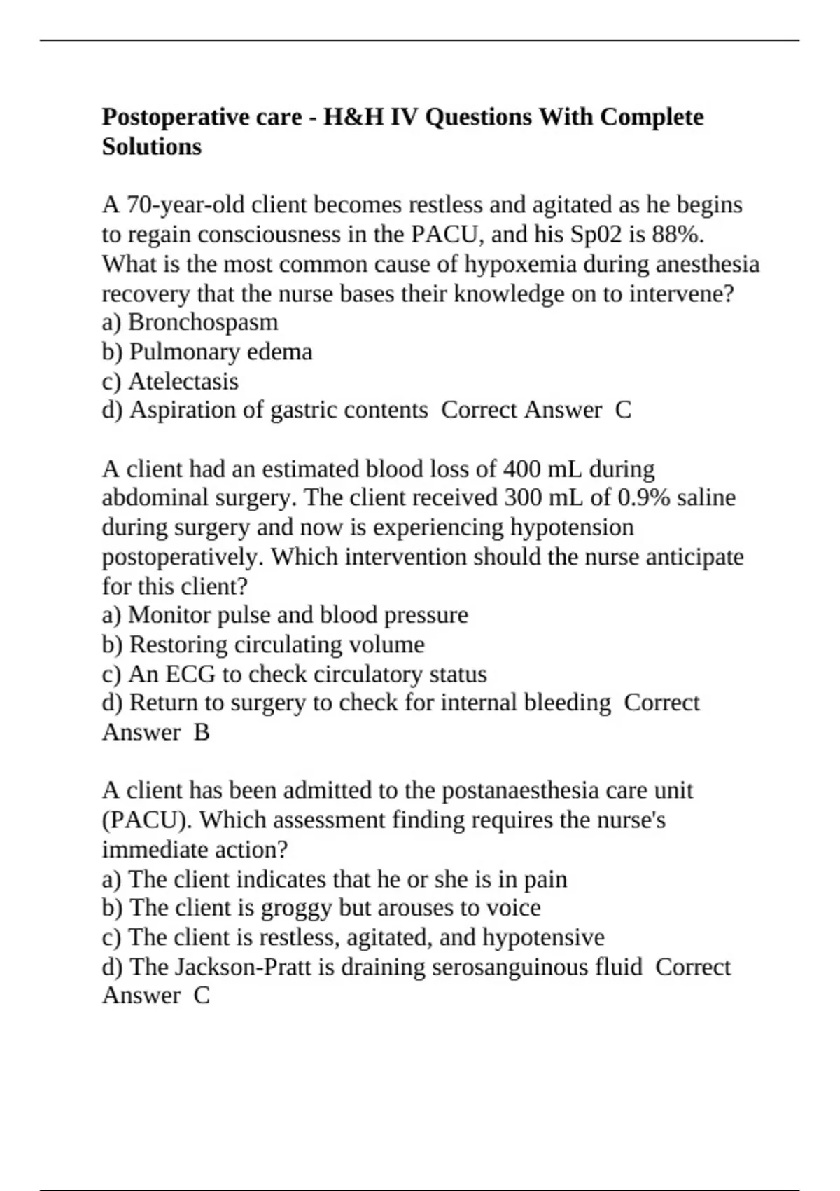 Postoperative care - H&H IV Questions With Complete Solutions - H&H ...