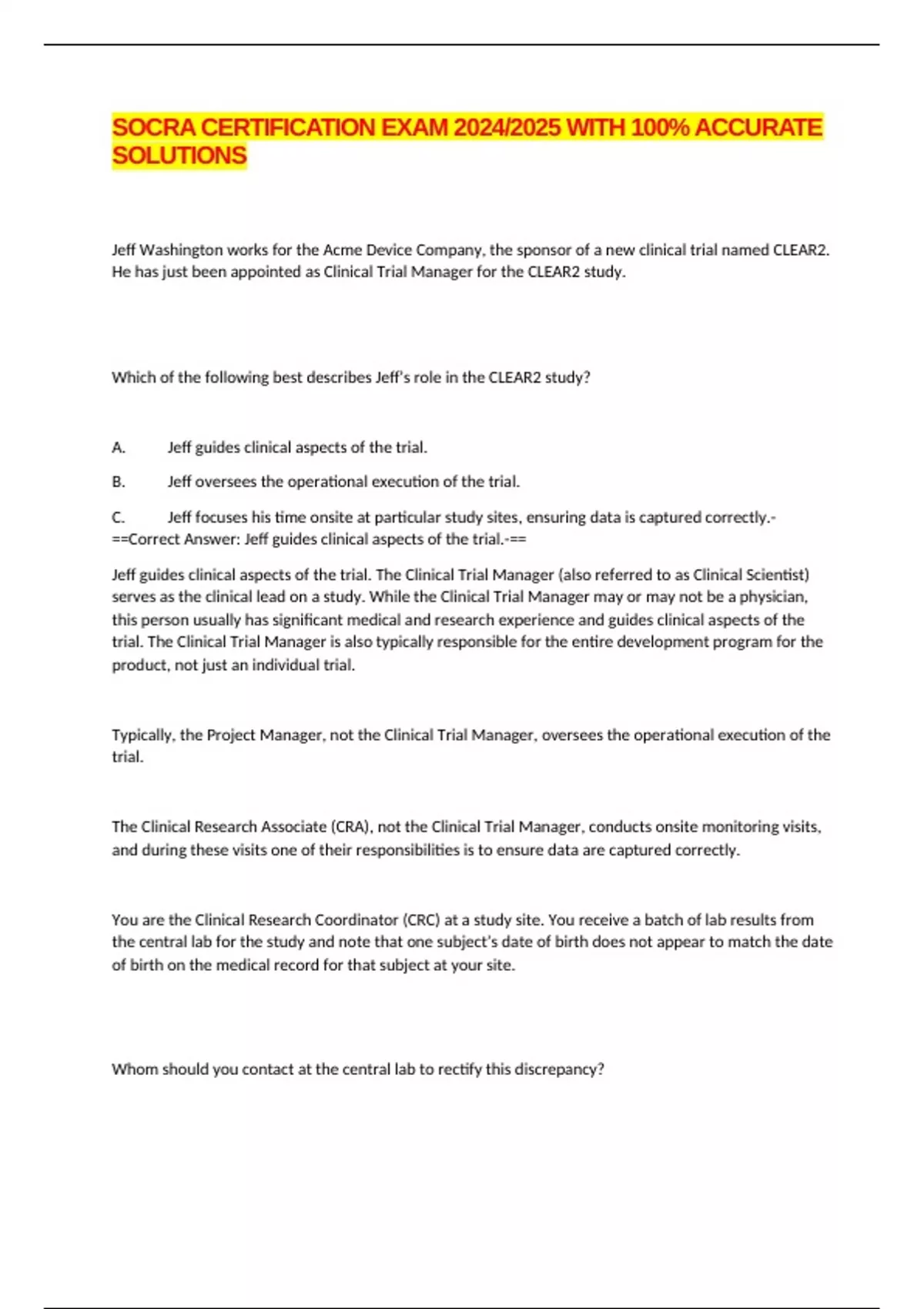 SOCRA CERTIFICATION EXAM 2024/2025 WITH 100% ACCURATE SOLUTIONS - SOCRA ...