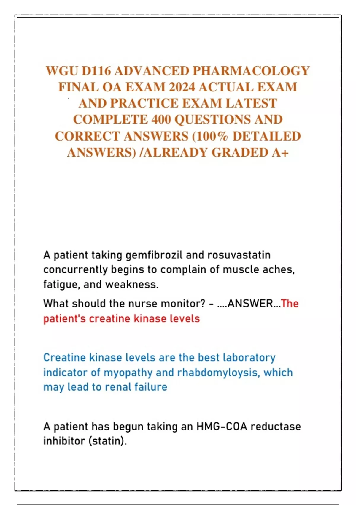WGU D116 ADVANCED PHARMACOLOGY FINAL OA EXAM 2024 ACTUAL EXAM AND ...