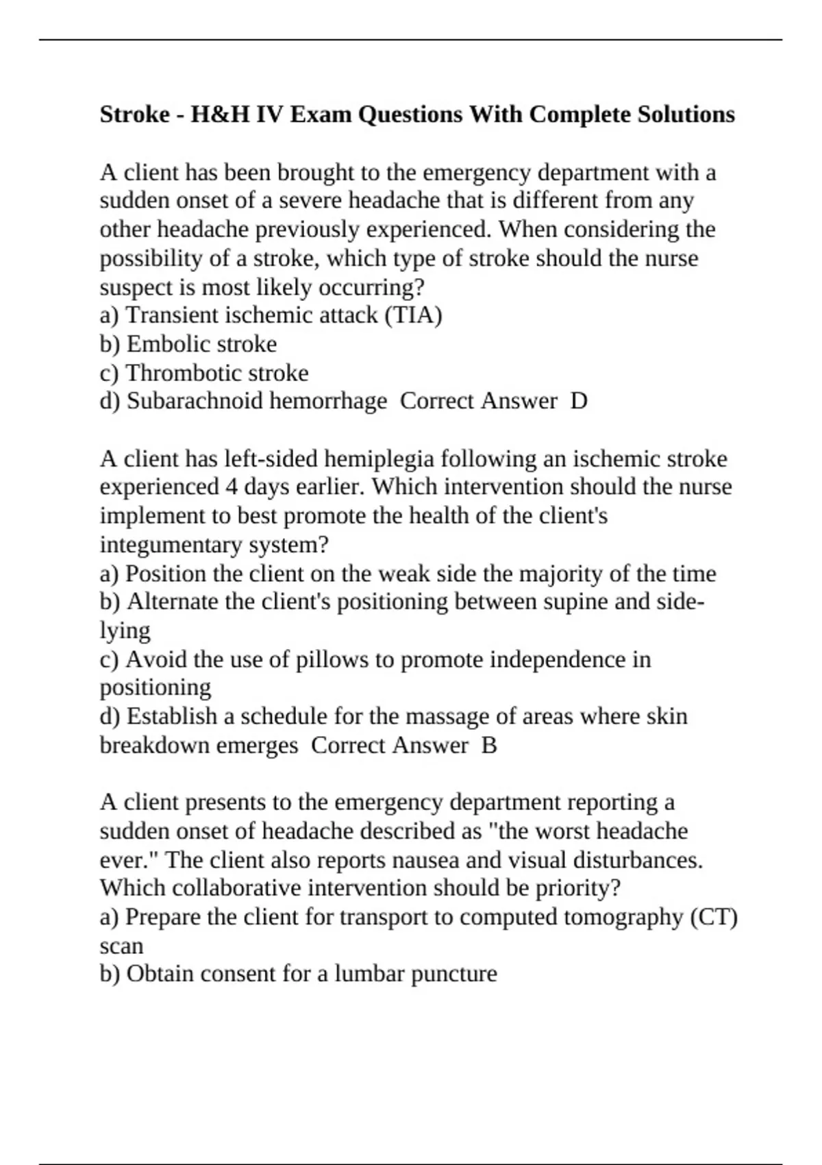 Stroke - H&H IV Exam Questions With Complete Solutions - H&H - Stuvia US