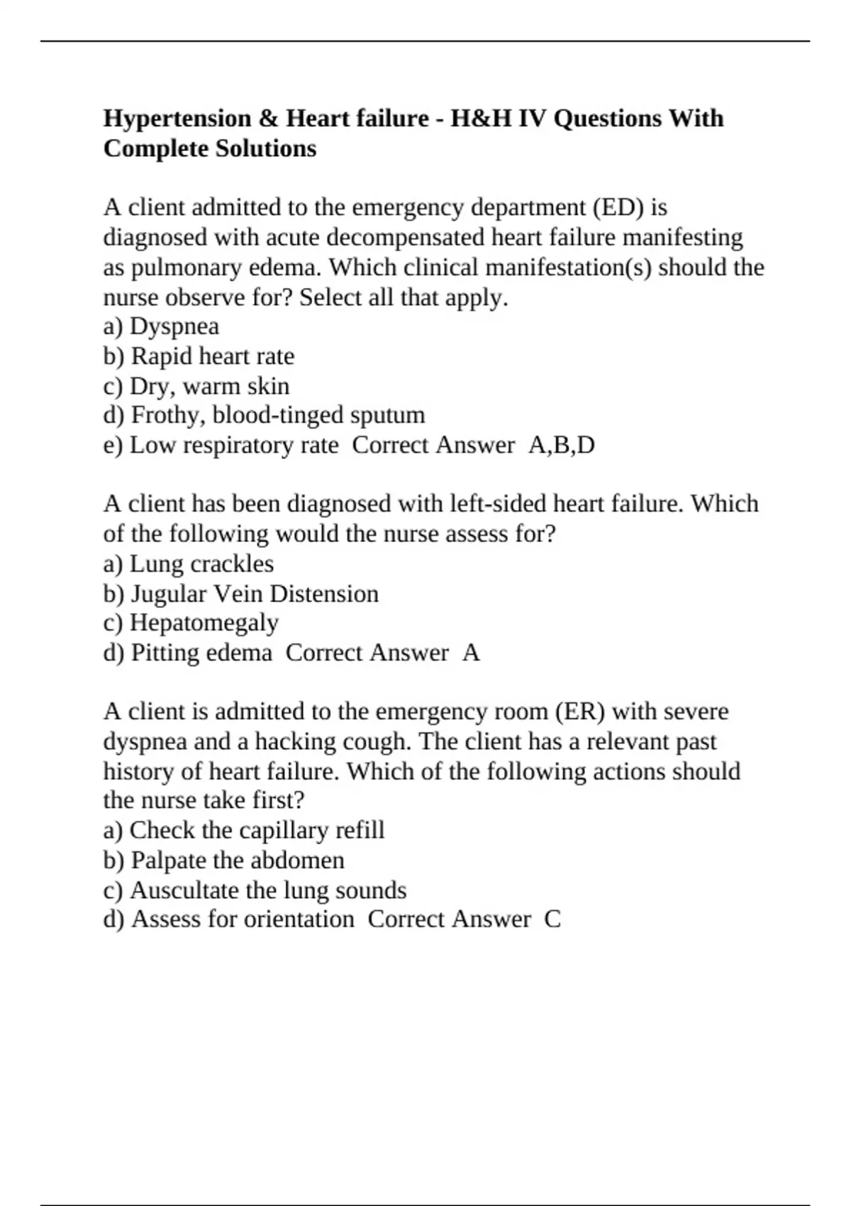 Hypertension & Heart failure - H&H IV Questions With Complete Solutions ...
