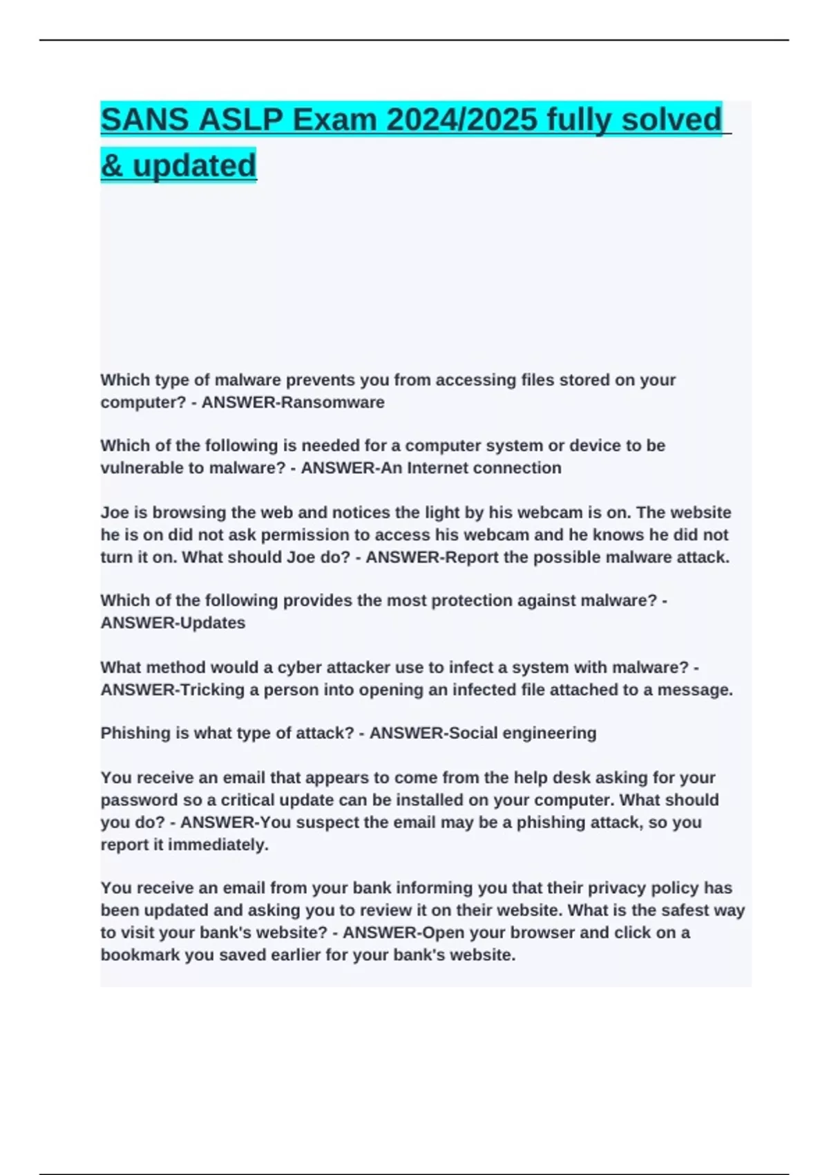 SANS ASLP Exam 2024_2025 fully solved & updated - SANS - Stuvia US