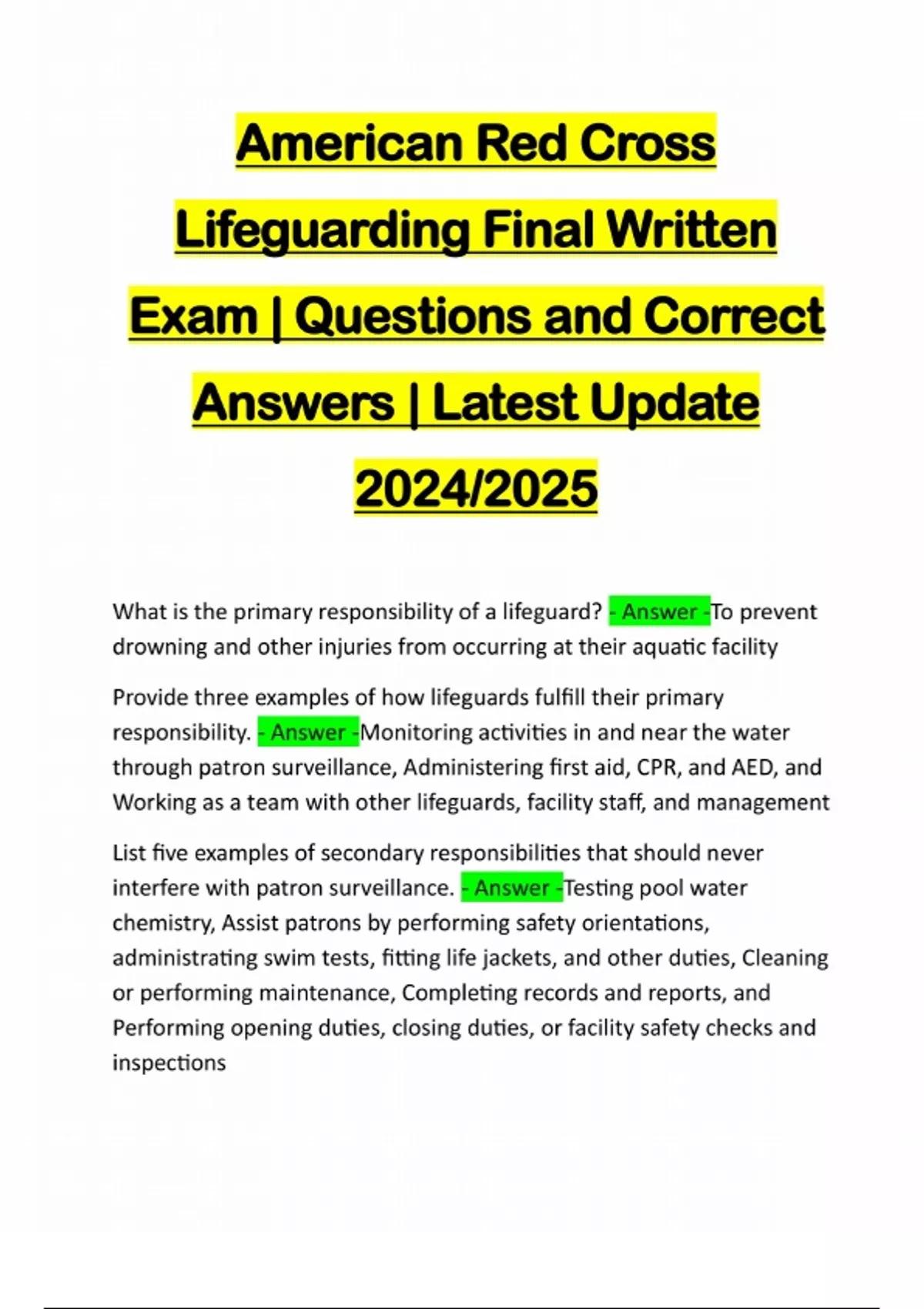 American Red Cross Lifeguarding Final Written Exam | Questions and ...