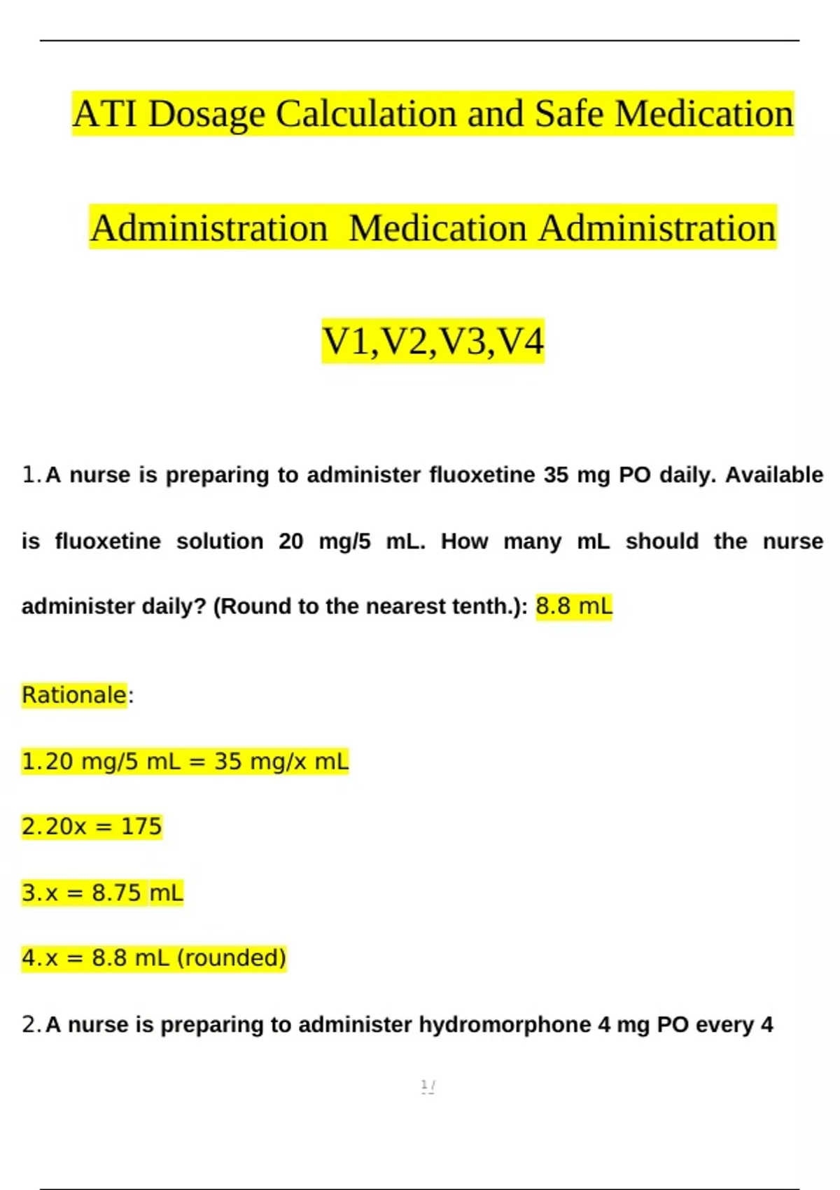 ATI Dosage Calculation and Safe Medication Administration QUESTIONS AND ...