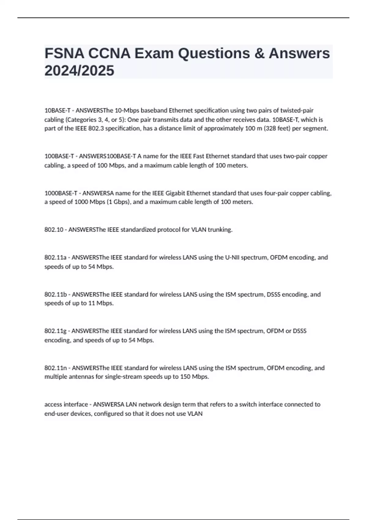 FSNA CCNA Exam Questions & Answers 2024/2025 - FSNA CCNA - Stuvia US