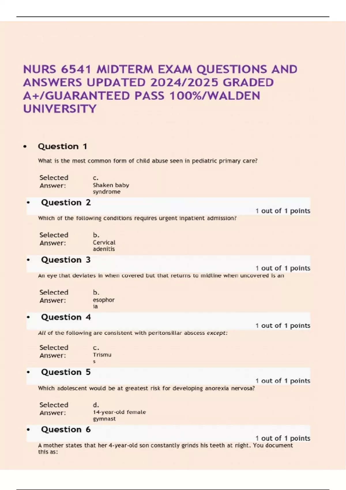 NURS 6541 MIDTERM EXAM QUESTIONS AND ANSWERS UPDATED 2024/2025 GRADED A+/GUARANTEED PASS 100% ...