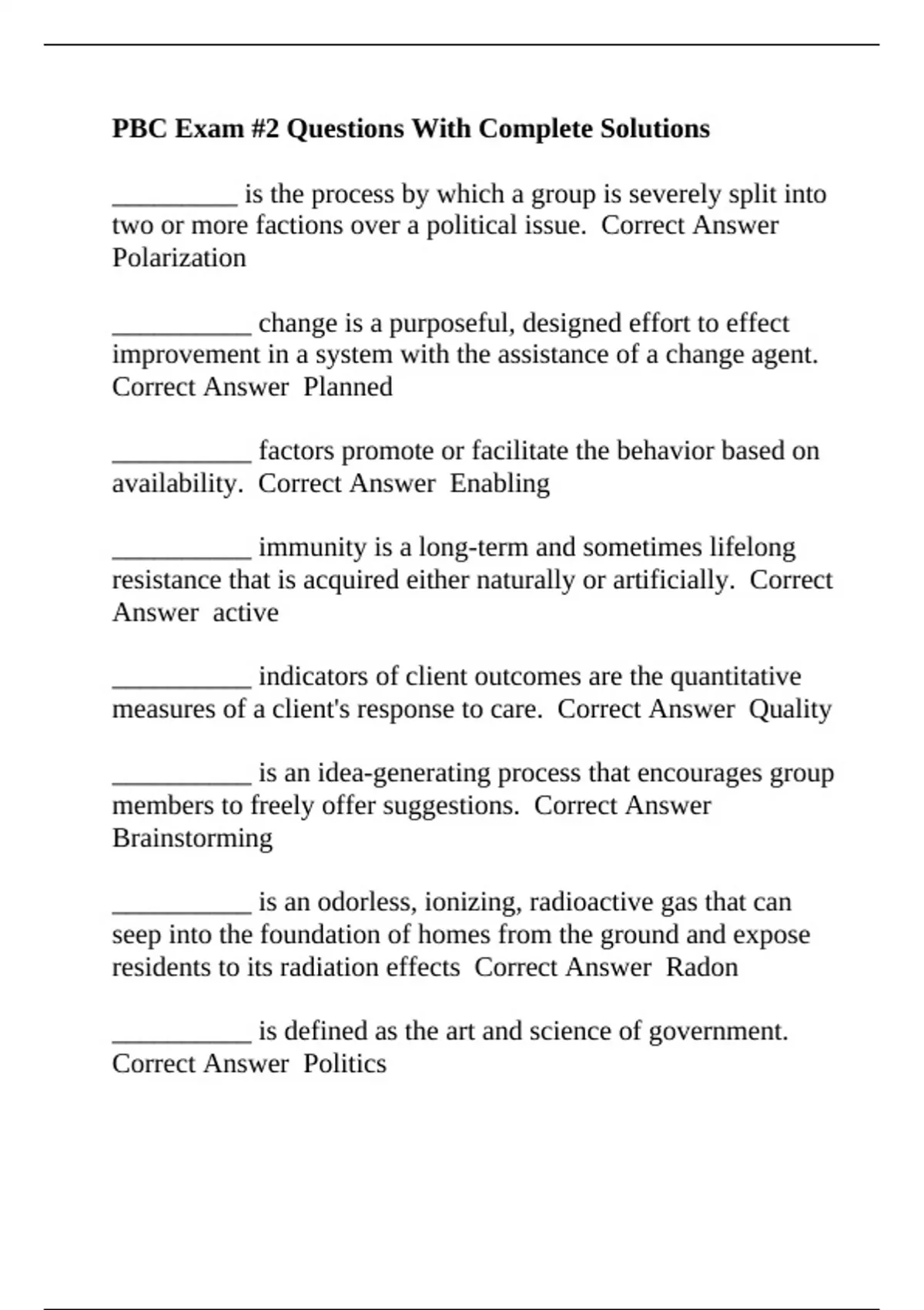 PBC Exam #2 Questions With Complete Solutions - PBC - Stuvia US