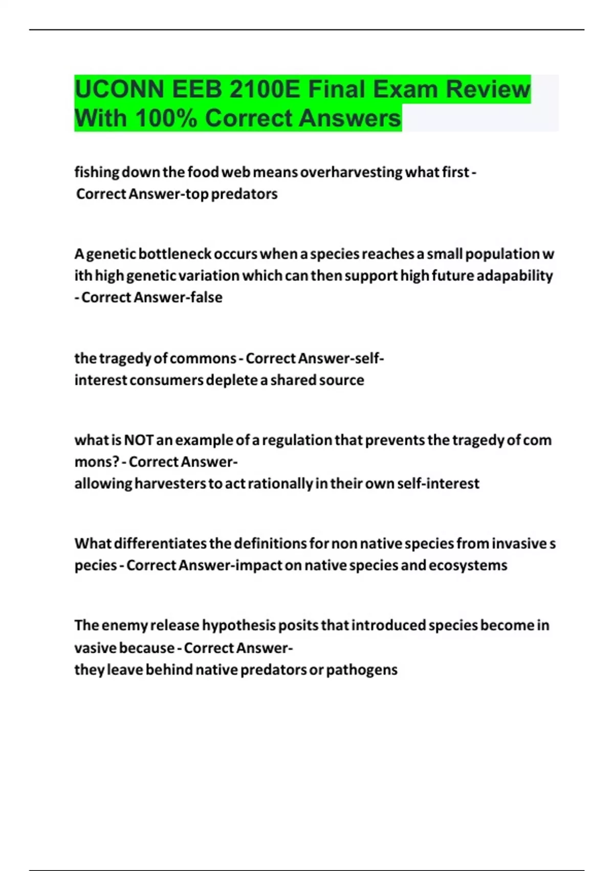 UCONN EEB 2100E Final Exam Review With 100% Correct Answers 2024 - EEB 2100E UCONN - Stuvia US