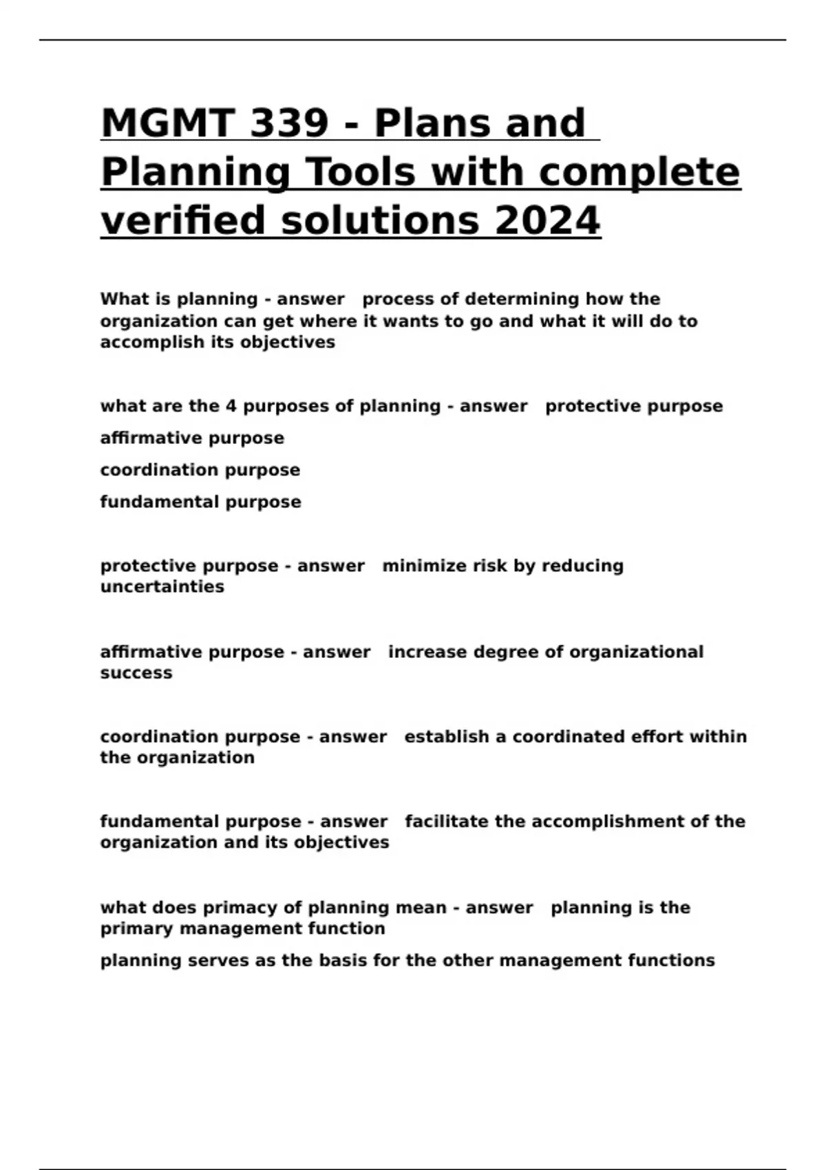 MGMT 339 - Plans and Planning Tools with complete verified solutions ...