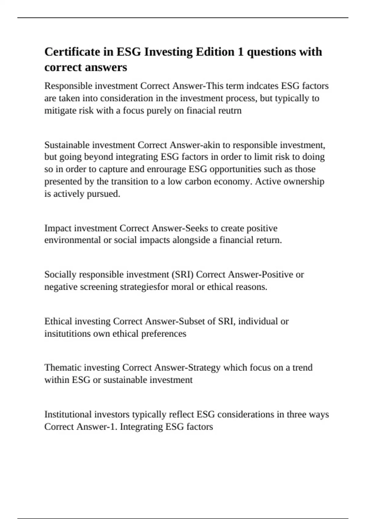 Certificate in ESG Investing Edition 1 questions with correct answers ...