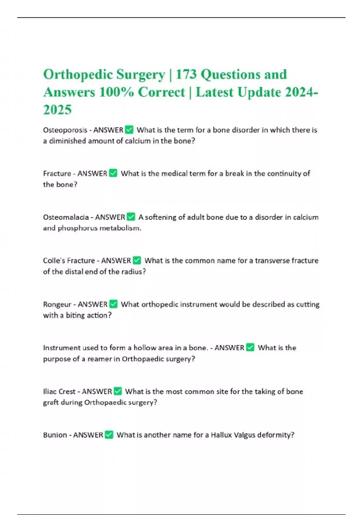 Orthopedic Surgery | 173 Questions and Answers 100% Correct | Latest ...