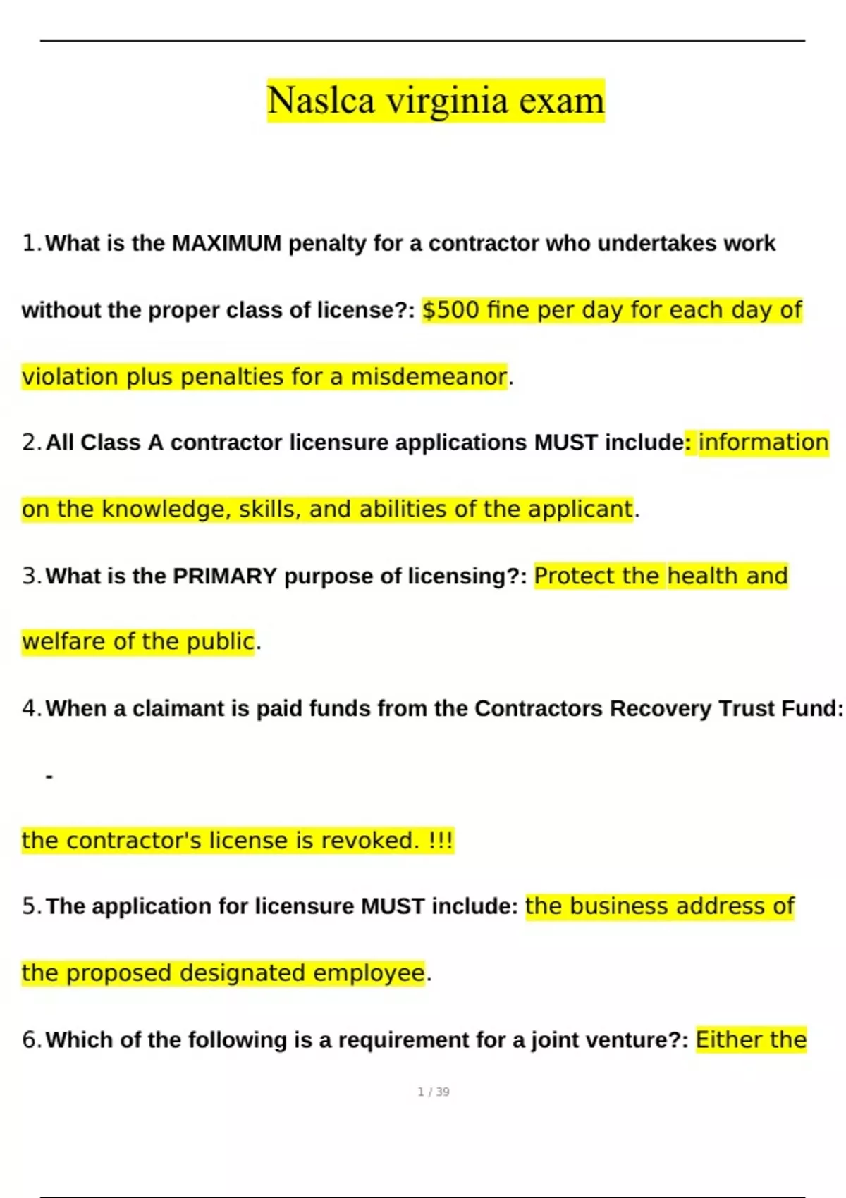 Naslca virginia exam QUESTIONS AND ANSWERS (2024/2025) (VERIFIED ...
