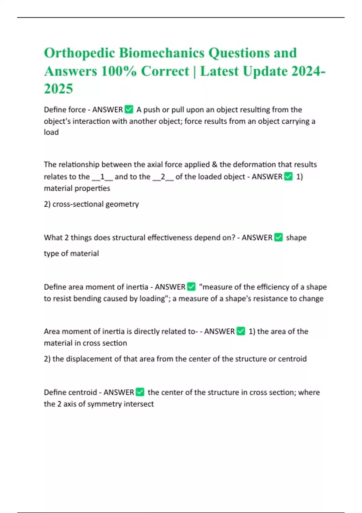 Orthopedic Biomechanics Questions and Answers 100% Correct | Latest ...