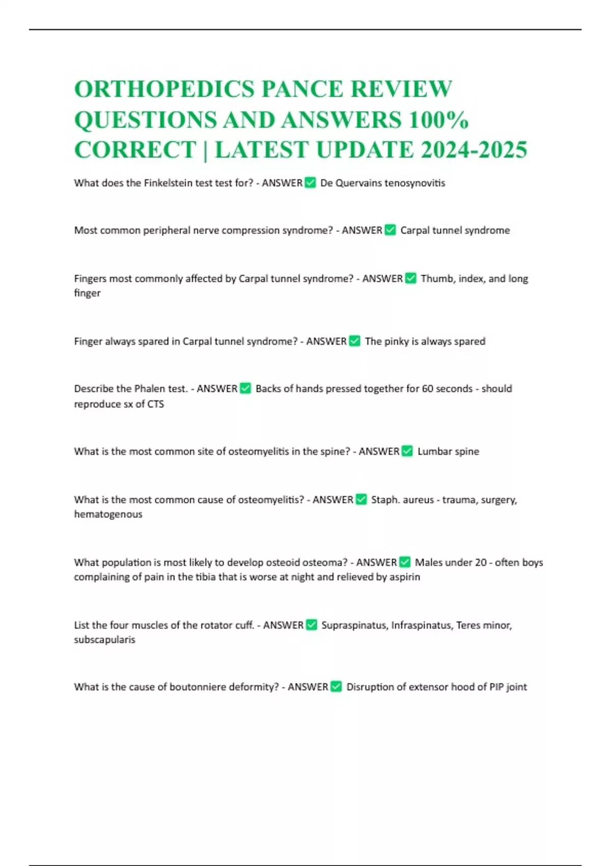ORTHOPEDICS PANCE REVIEW QUESTIONS AND ANSWERS 100% CORRECT | LATEST ...