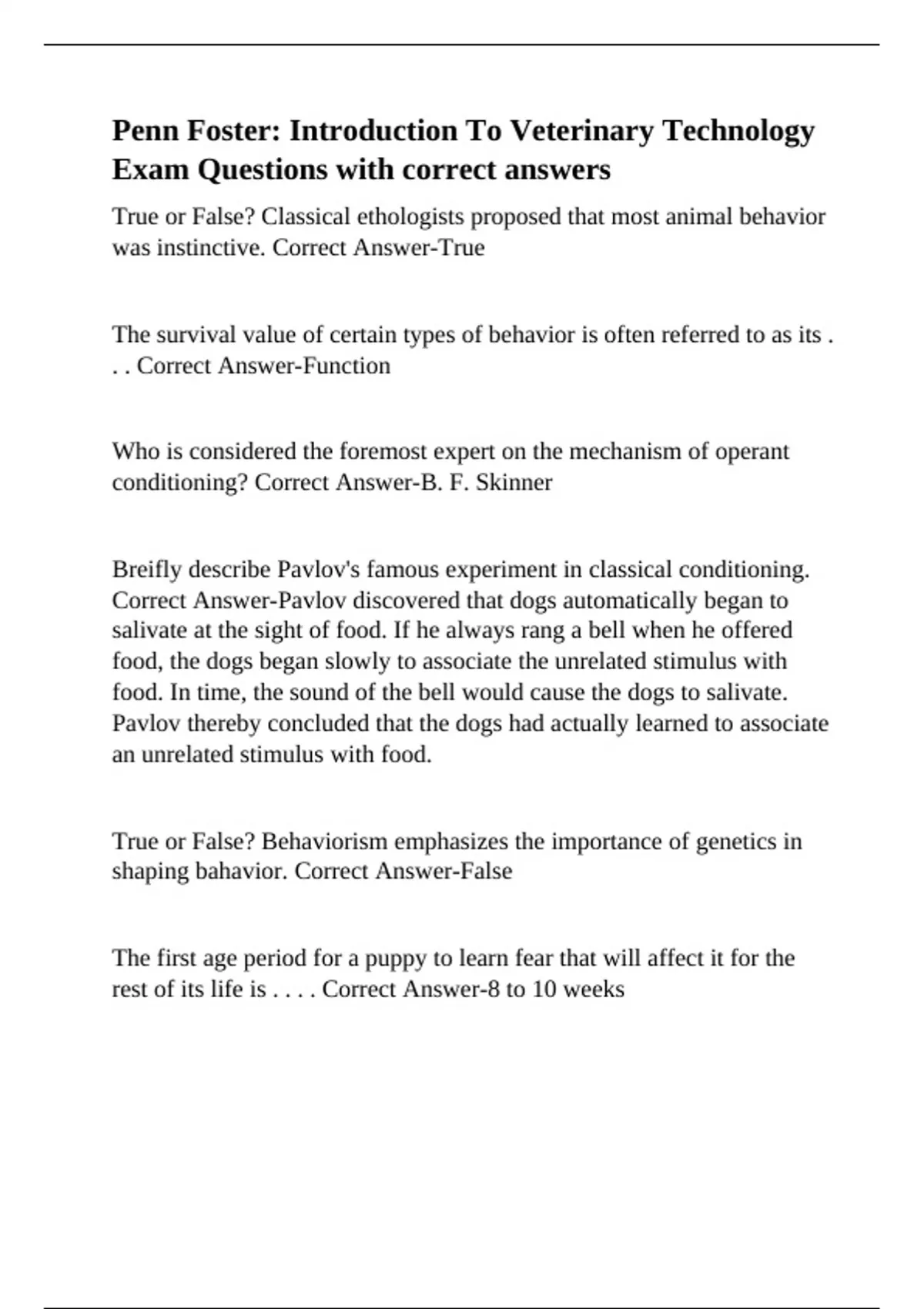 Penn Foster: Introduction To Veterinary Technology Exam Questions with ...