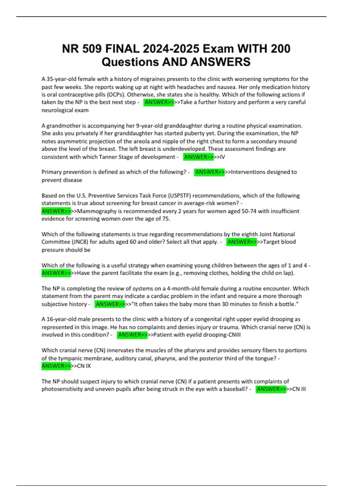 NR 509 FINAL Exam WITH 200 Questions AND ANSWERSA grandmother is ...