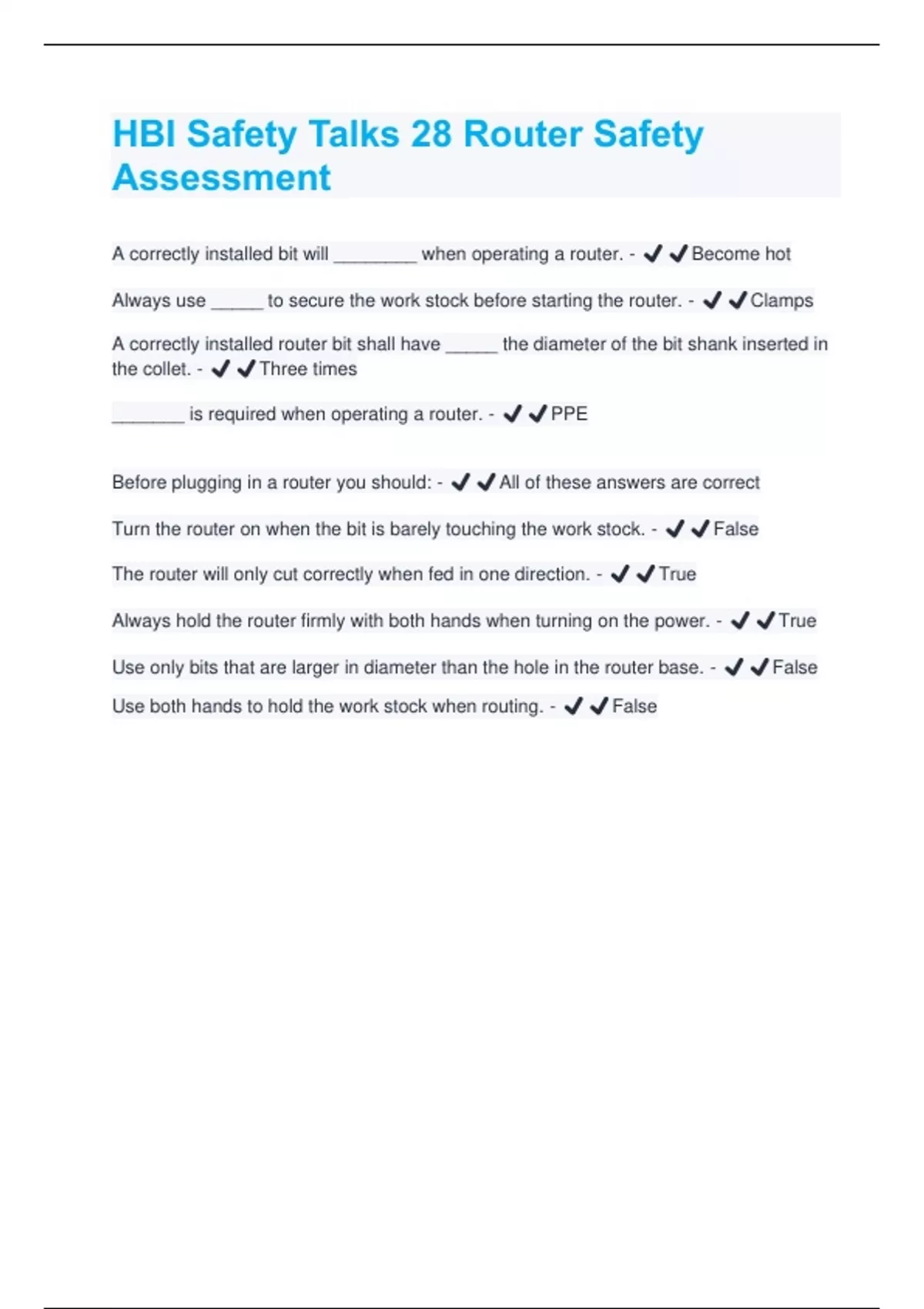 HBI Safety Talks 28 Router Safety Assessment Questions + Answers Graded ...