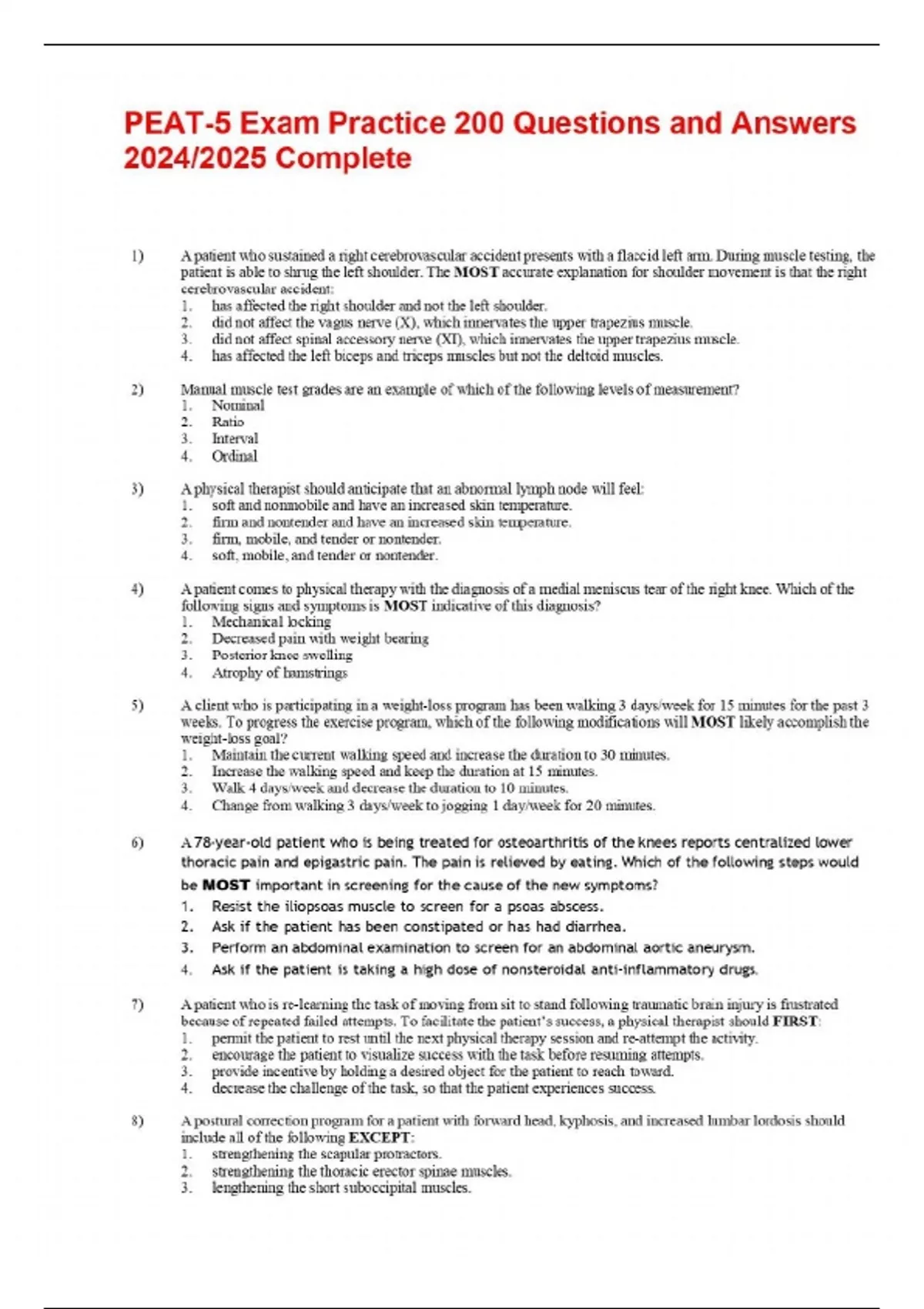 PEAT-5 Exam Practice 200 Questions and Answers 2024/2025 Complete ...
