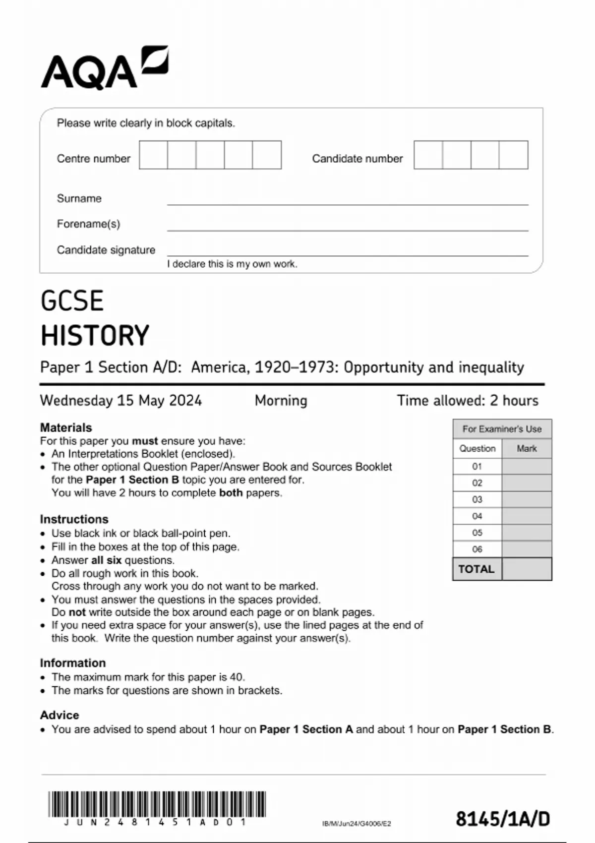 AQA GCSE HISTORY PAPER 1 Question Paper (8145/1A/D:Section A/D:AMERICA ...