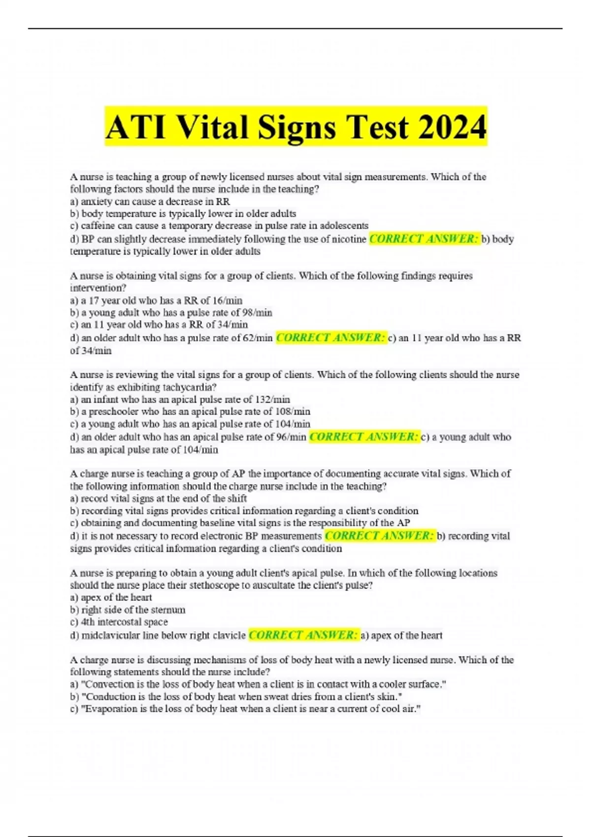 ATI Vital Signs Test 2024 - ATI Vital Signs - Stuvia US