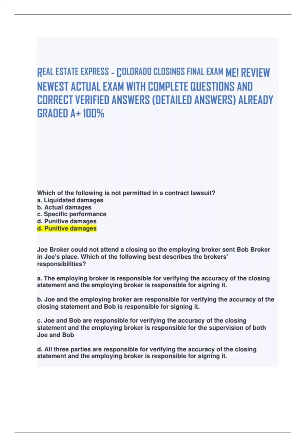 REAL ESTATE EXPRESS - COLORADO CLOSINGS FINAL EXAM ME! REVIEW NEWEST ...