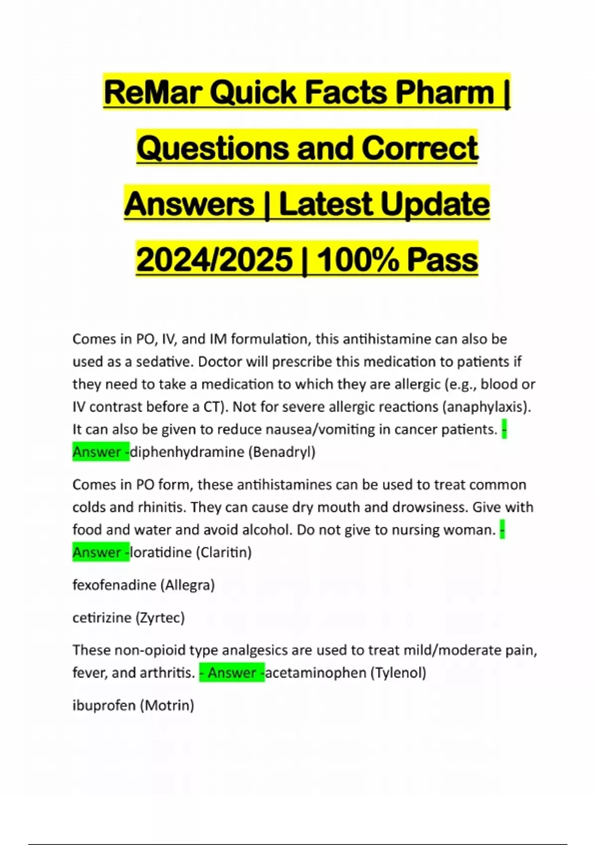 ReMar Quick Facts Pharm | Questions and Correct Answers | Latest Update ...