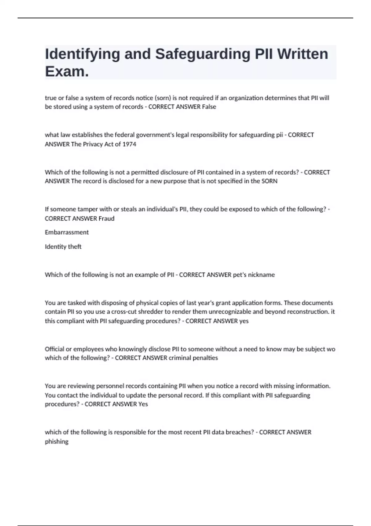 Identifying and Safeguarding PII Written Exam. - PII - Stuvia US