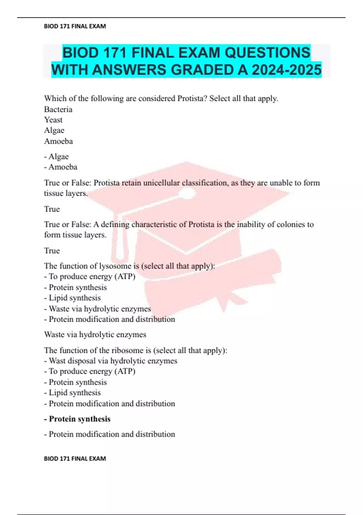 BIOD 171 FINAL EXAM QUESTIONS WITH ANSWERS GRADED A - BIOD 171 - Stuvia US