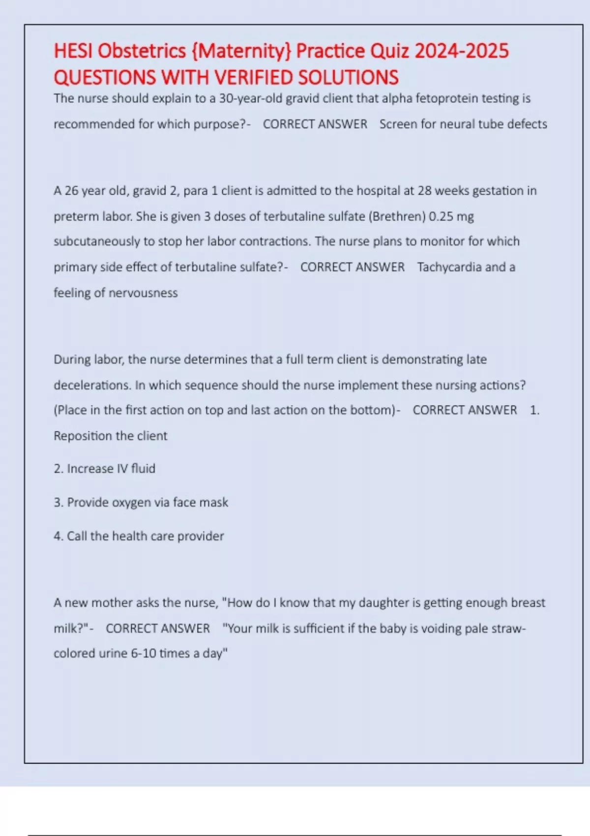 HESI Obstetrics {Maternity} Practice Quiz QUESTIONS WITH VERIFIED ...