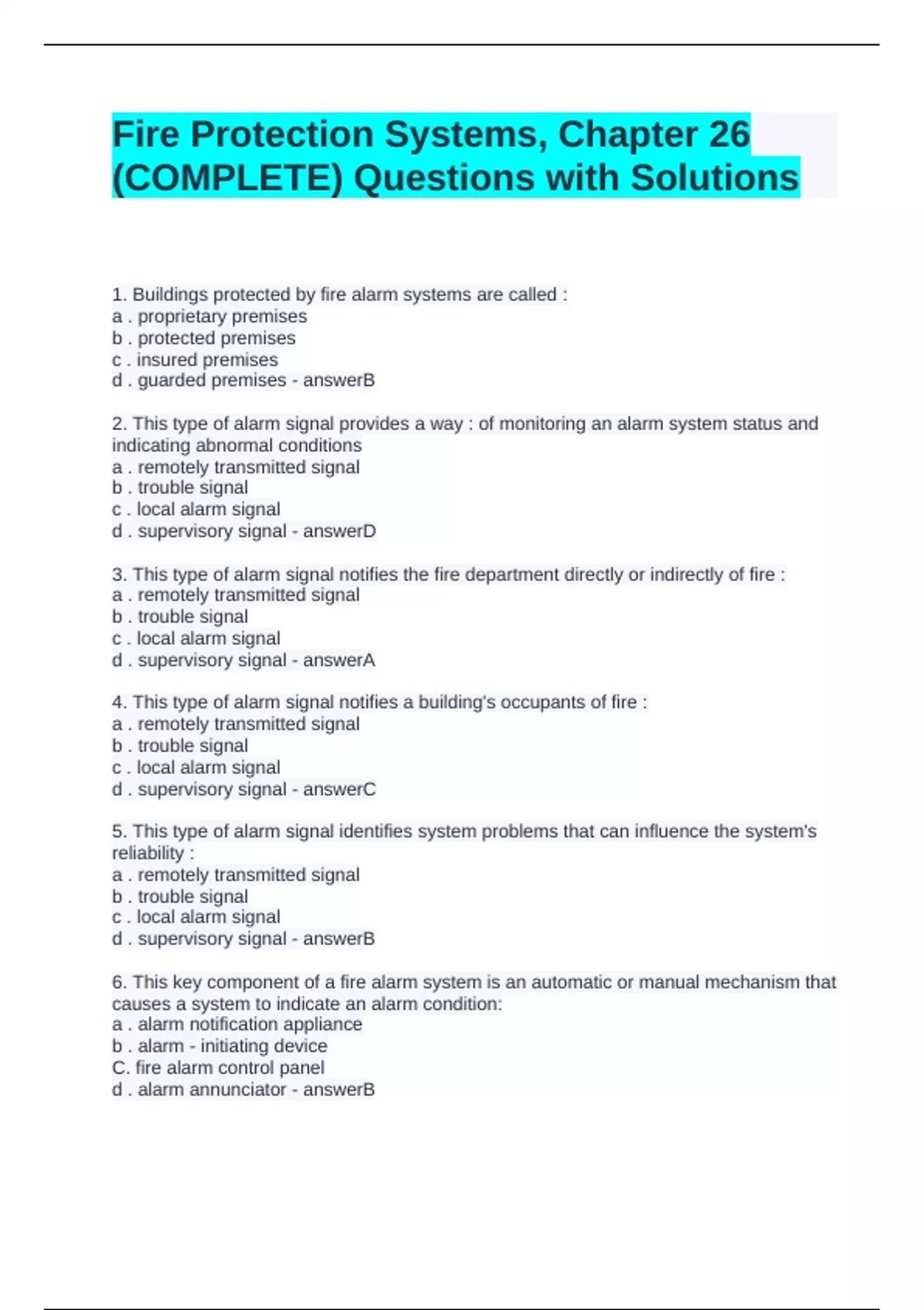 Fire Protection Systems, Chapter 26 (COMPLETE) Questions with Solutions ...