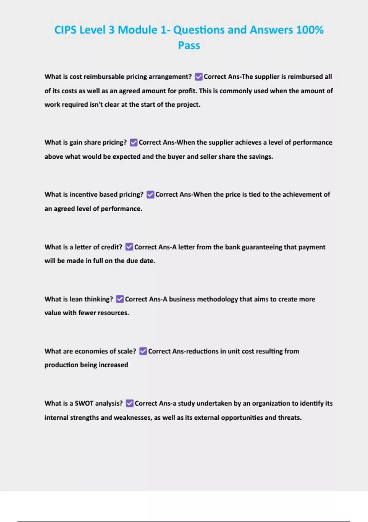 CIPS Level 3 Module 1- Questions and Answers 100% Pass - CIPS - Stuvia US