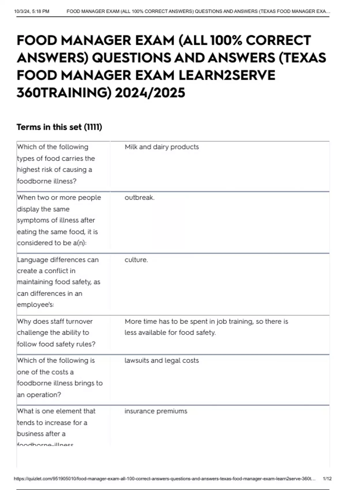 FOOD MANAGER EXAM (ALL 100% CORRECT ANSWERS) QUESTIONS AND ANSWERS ...