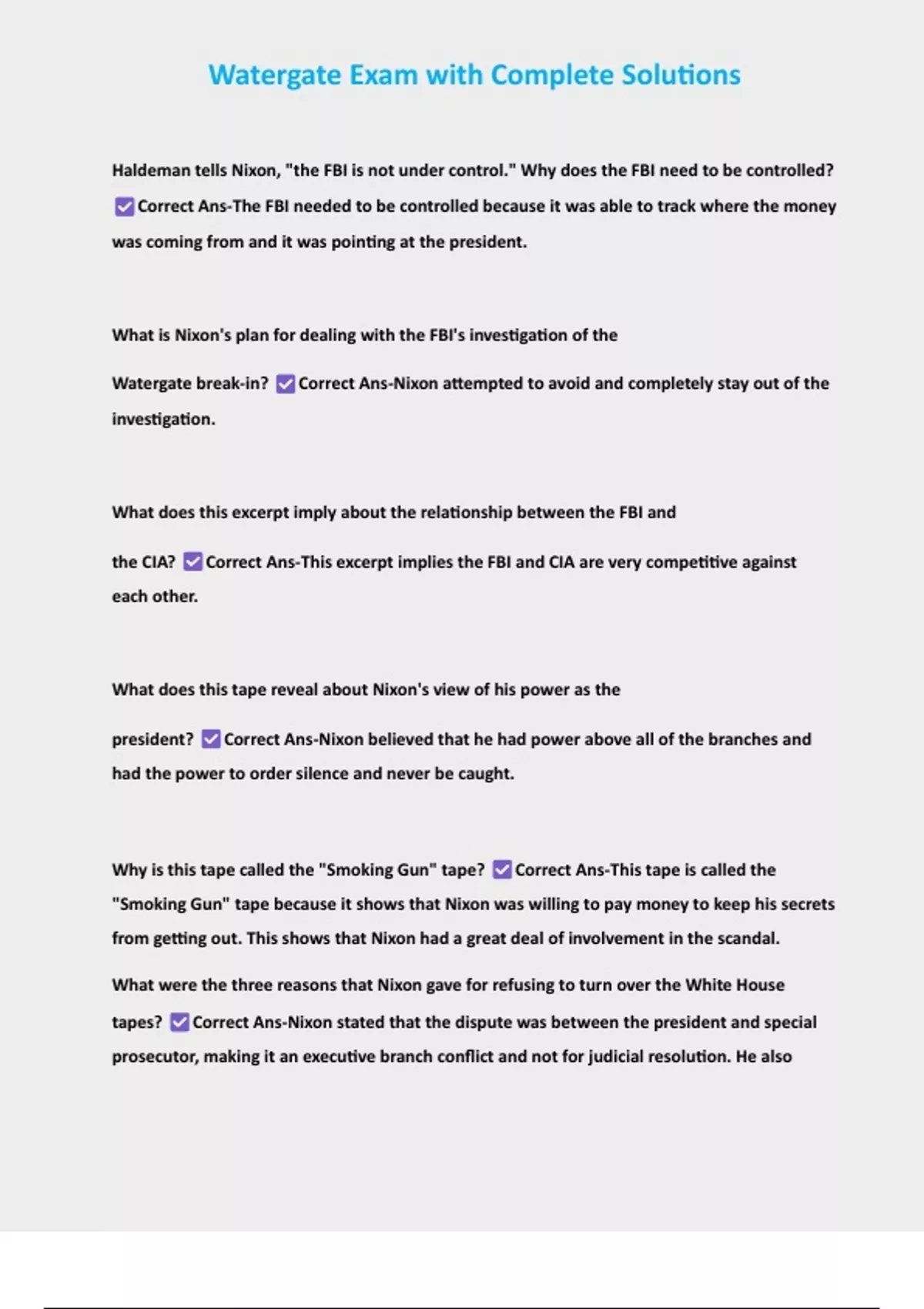 Watergate Exam with Complete Solutions - Watergate - Stuvia US
