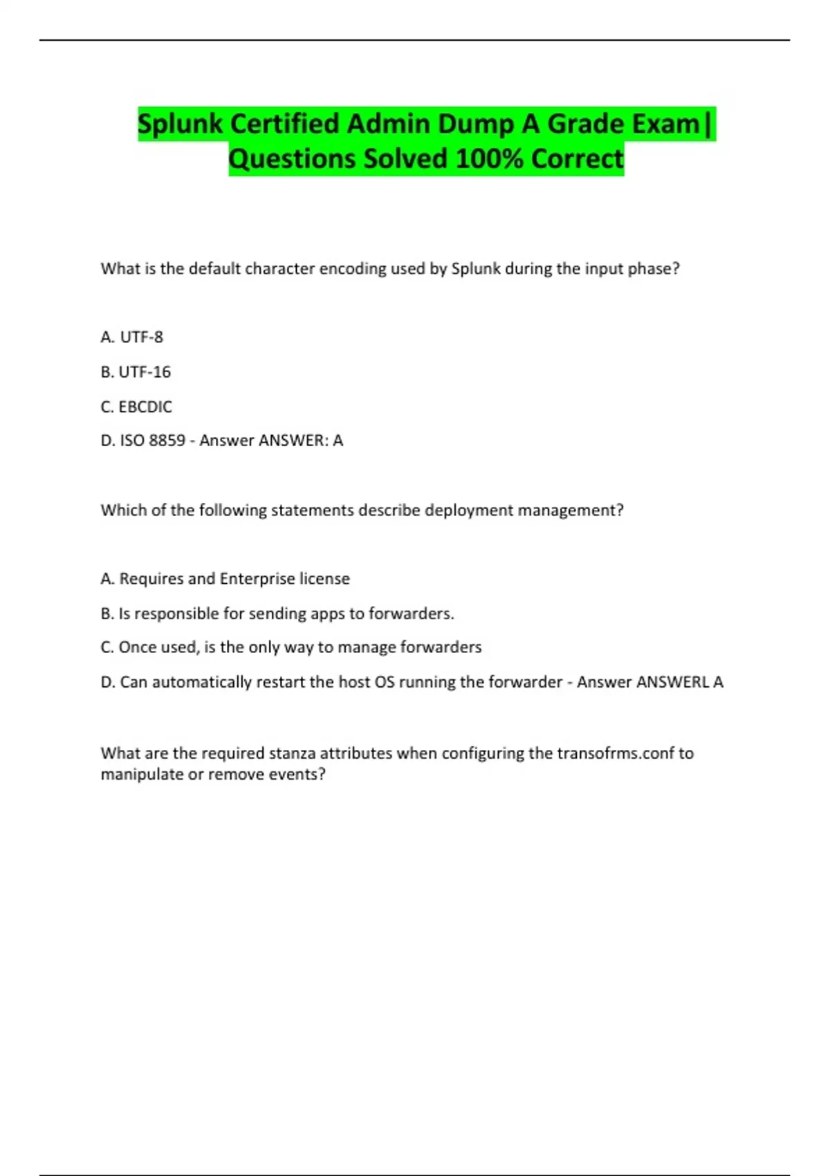 Splunk Certified Admin Dump A Grade Exam| Questions Solved 100% Correct ...