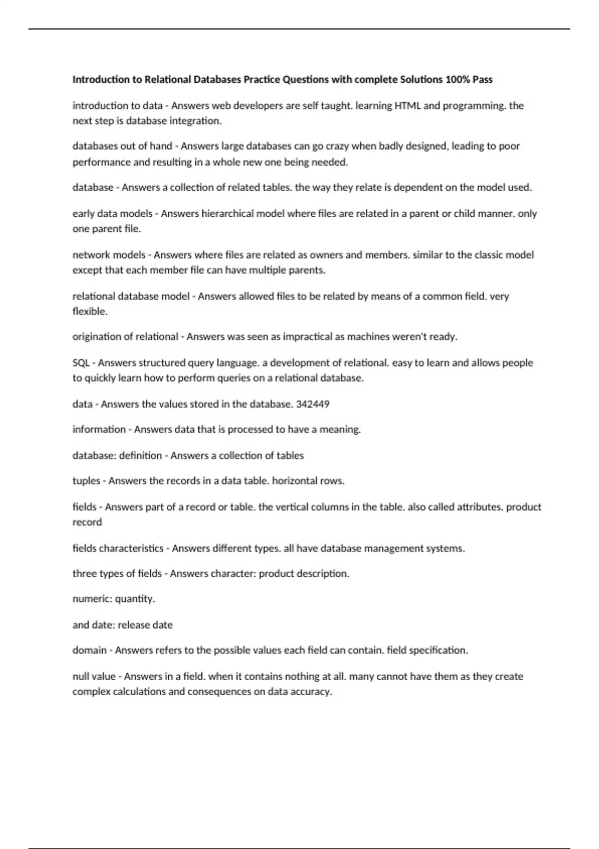 Fundamentals of Relational Databases Practice Questions with complete Solutions 100% Pass ...