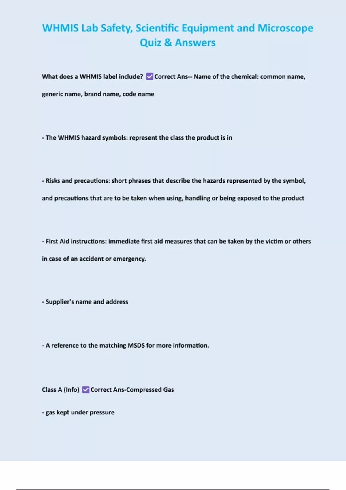 WHMIS Lab Safety, Scientific Equipment and Microscope Quiz & Answers ...