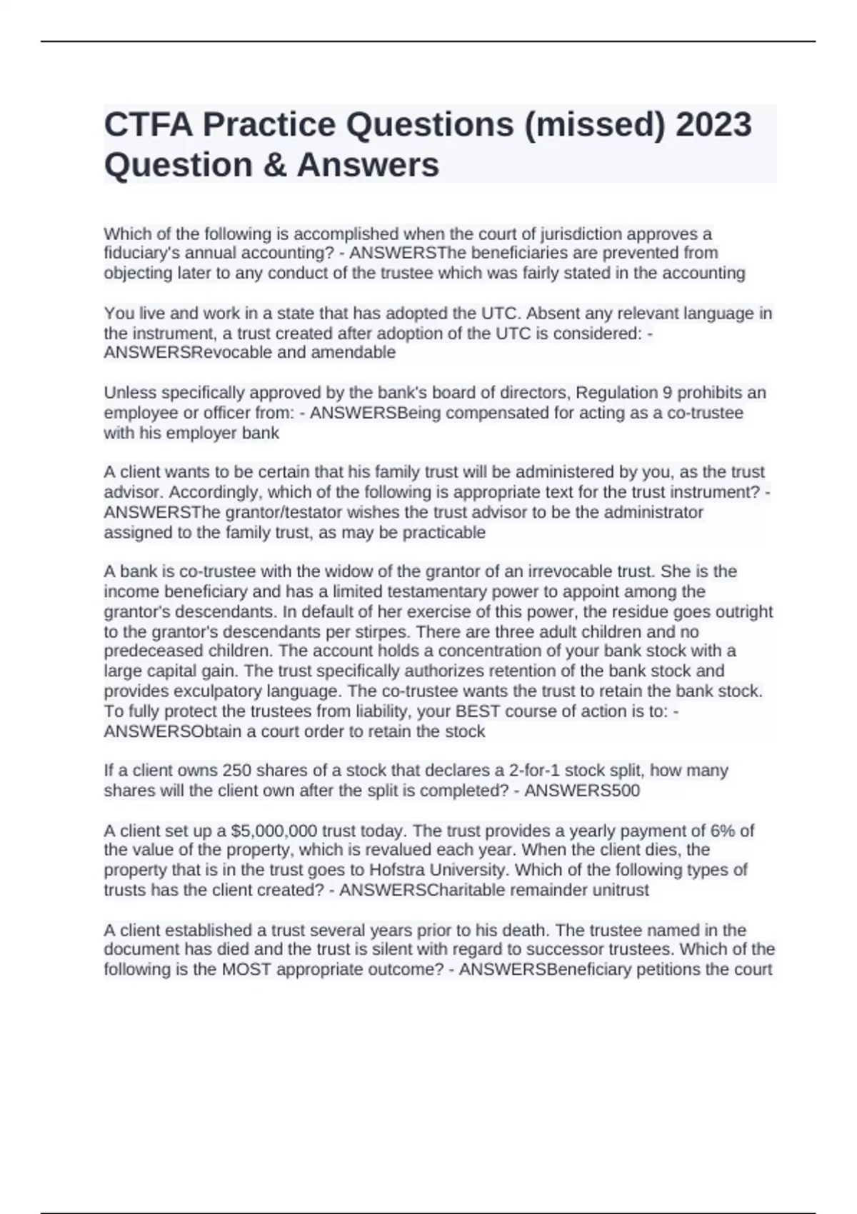 CTFA Practice Questions (missed) 2023 Question & Answers - CTFA Practice - Stuvia US