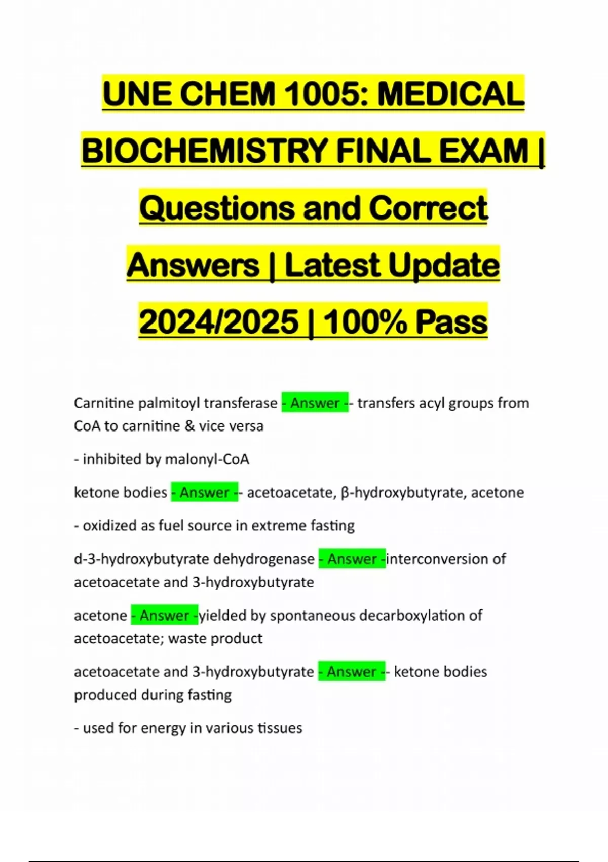 UNE CHEM 1005: MEDICAL BIOCHEMISTRY FINAL EXAM | Questions and Correct ...
