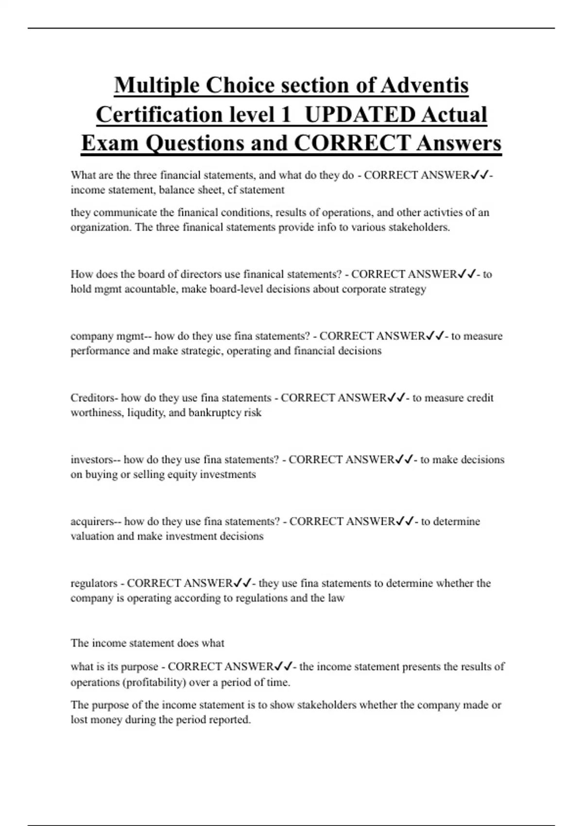 Multiple Choice section of Adventis Certification level 1 UPDATED ...