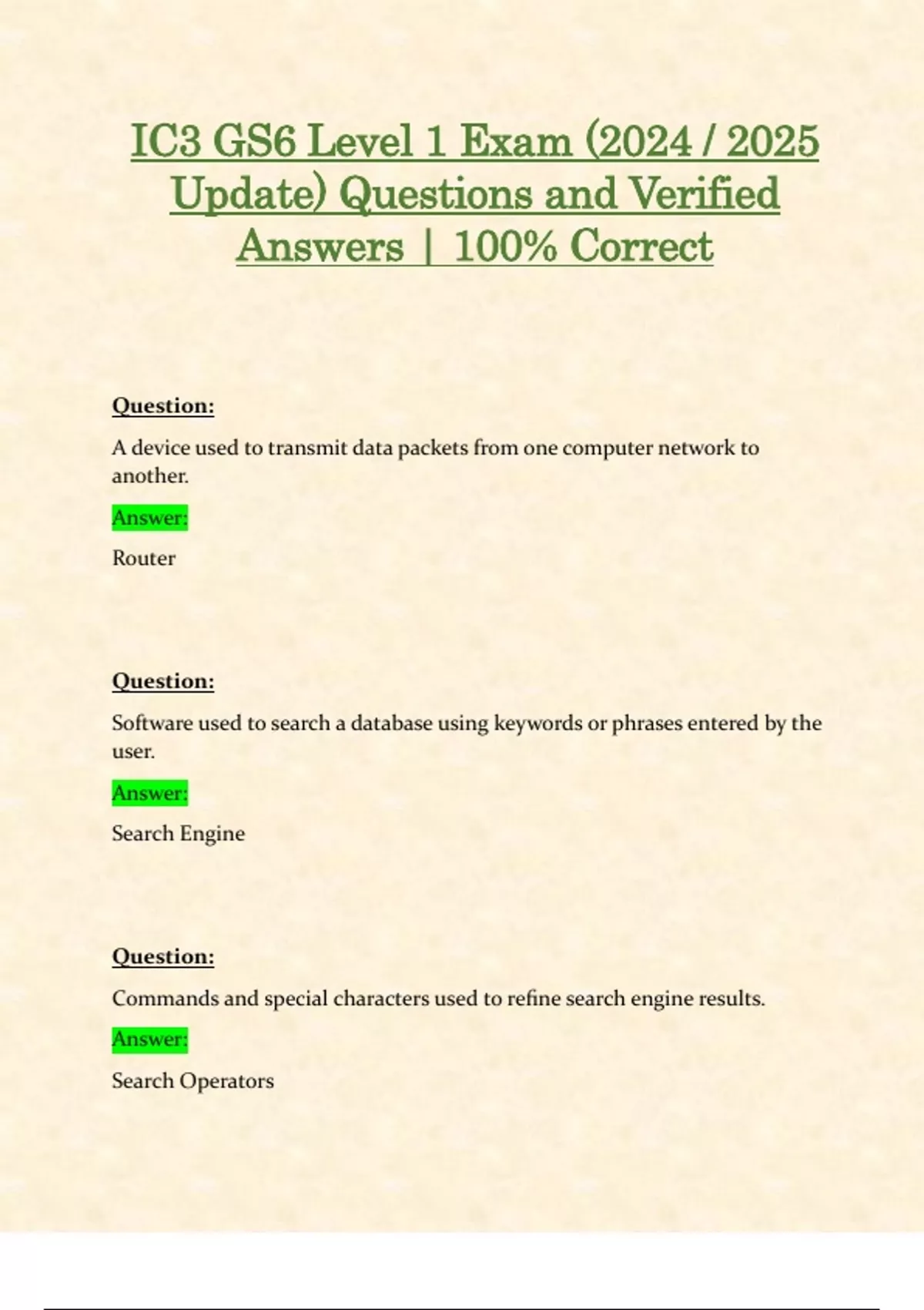 IC3 GS6 Level 1 Exam (2024 / 2025 Update) Questions and Verified Answers | 100% Correct - IC3 ...