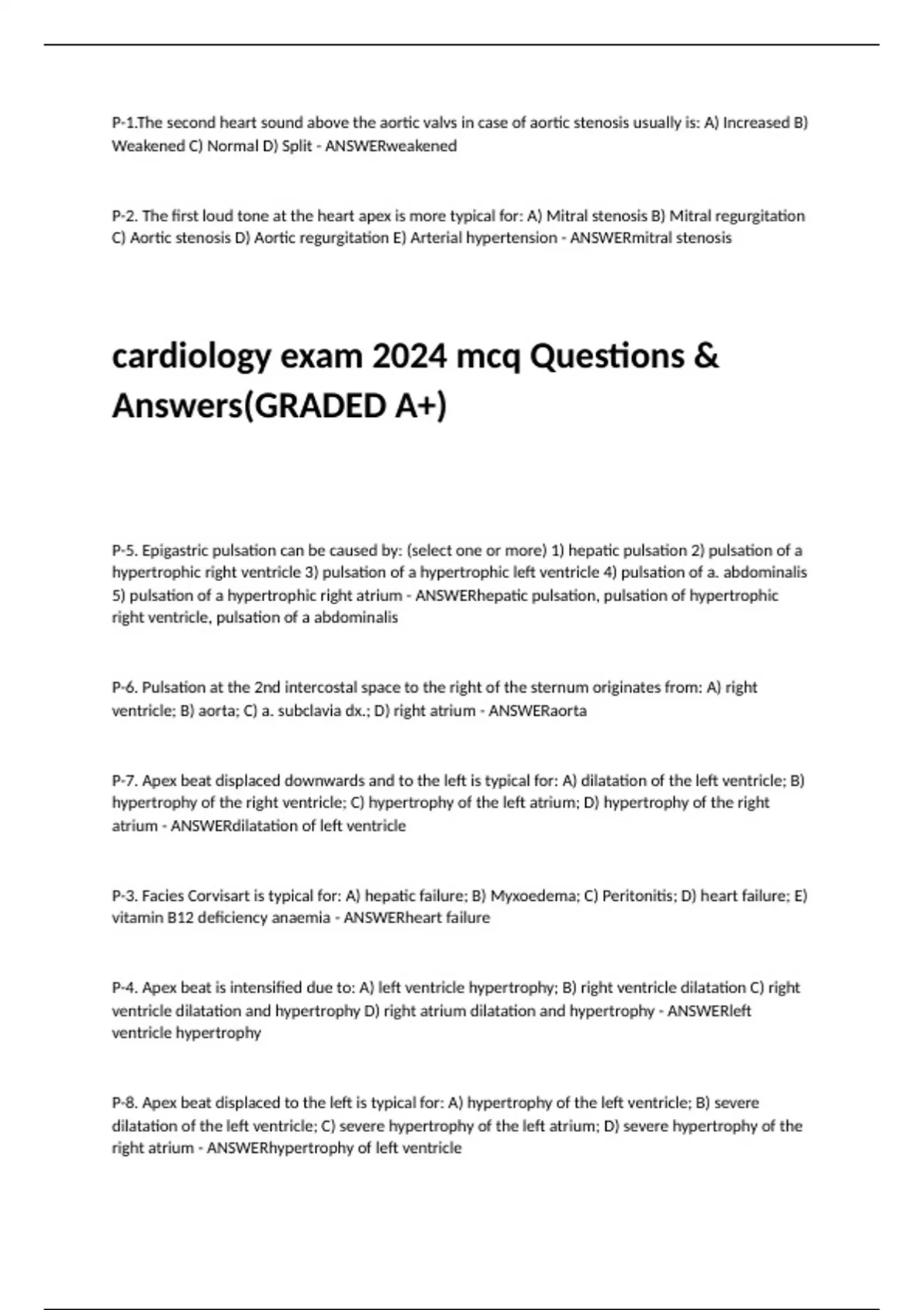 cardiology exam 2024 mcq Questions & Answers(GRADED A+) - Cardiology 4 ...