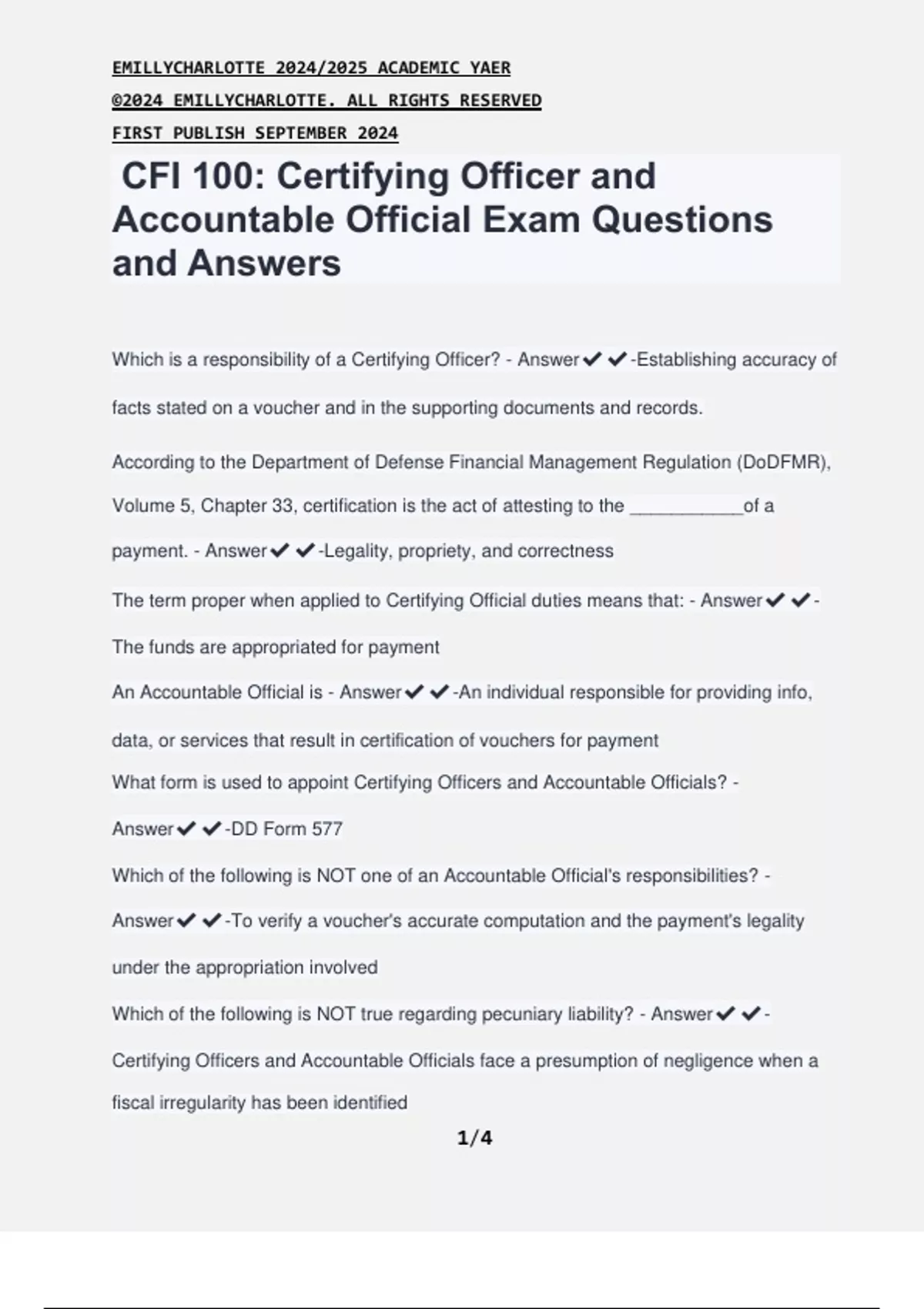 CFI 100: Certifying Officer and Accountable Official Exam Questions and Answers - 2024/2025 ...