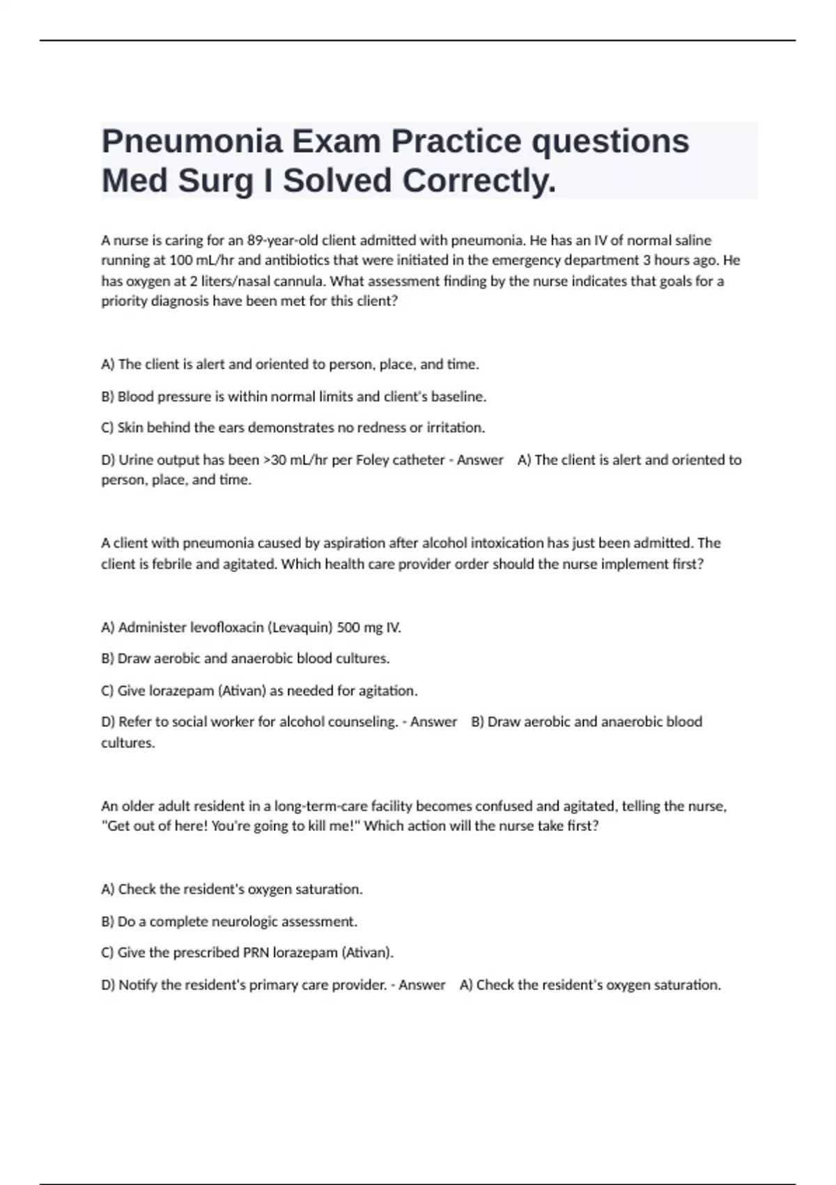 Pneumonia Exam Practice questions Med Surg I Solved Correctly ...