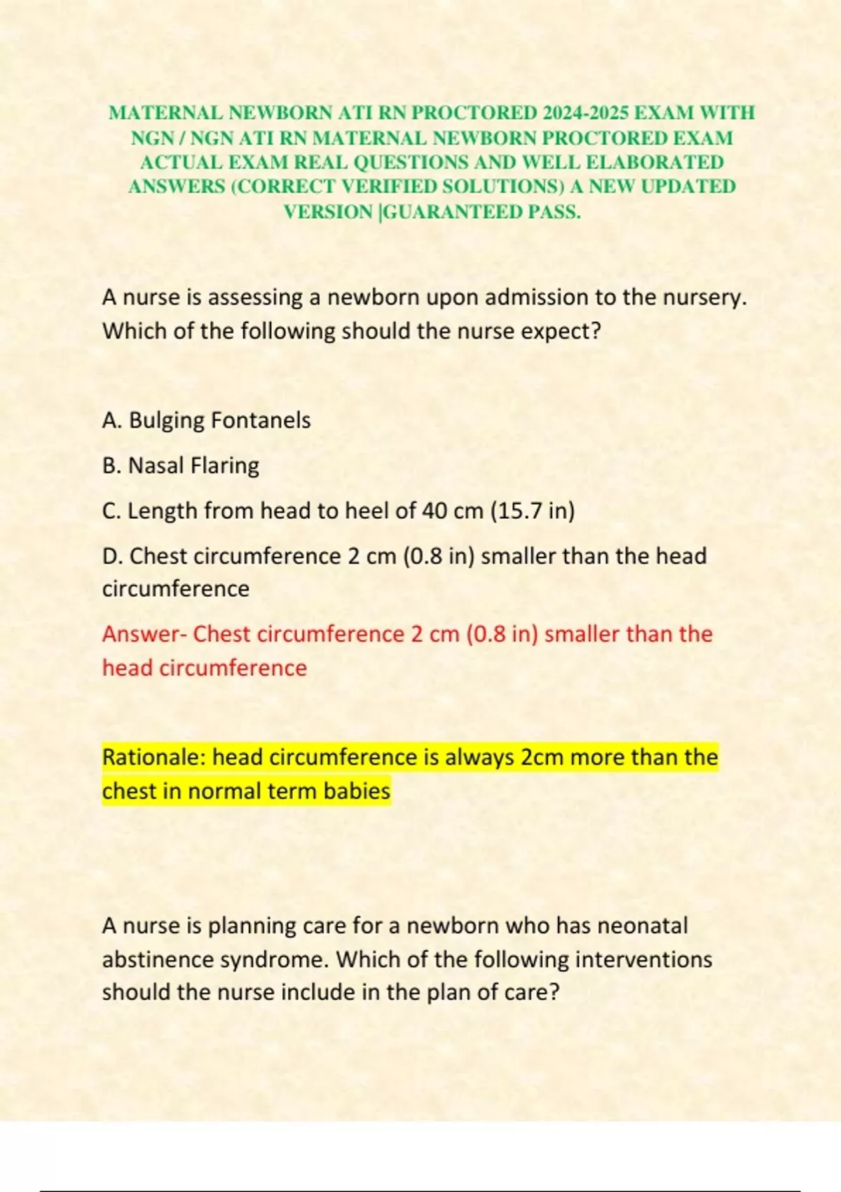 MATERNAL NEWBORN ATI RN PROCTORED EXAM WITH NGN / NGN ATI RN MATERNAL NEWBORN PROCTORED EXAM ...