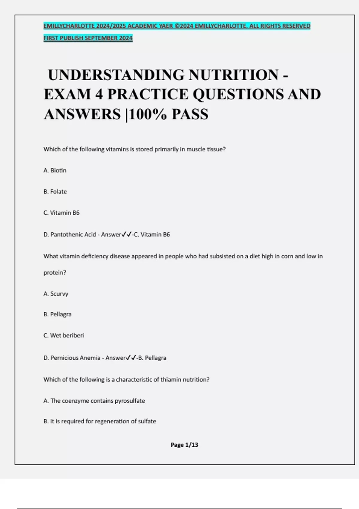 UNDERSTANDING NUTRITION - EXAM 4 PRACTICE QUESTIONS AND ANSWERS |100% ...