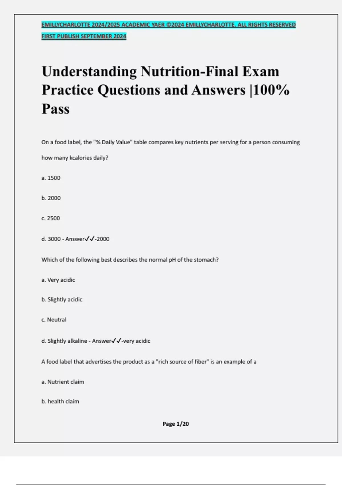Understanding Nutrition-Final Exam Practice Questions and Answers |100% ...